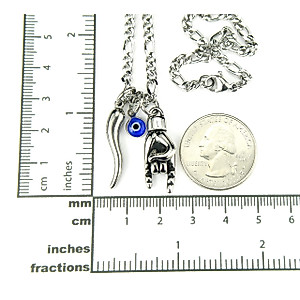 Mano Cornuto, Cornicello, and Nazar combo Necklace, on 20" Figaro Chain, Italian Lucky Hand Horn Anti Evil Eye Good Luck Amulet Protection Charms All Stainless