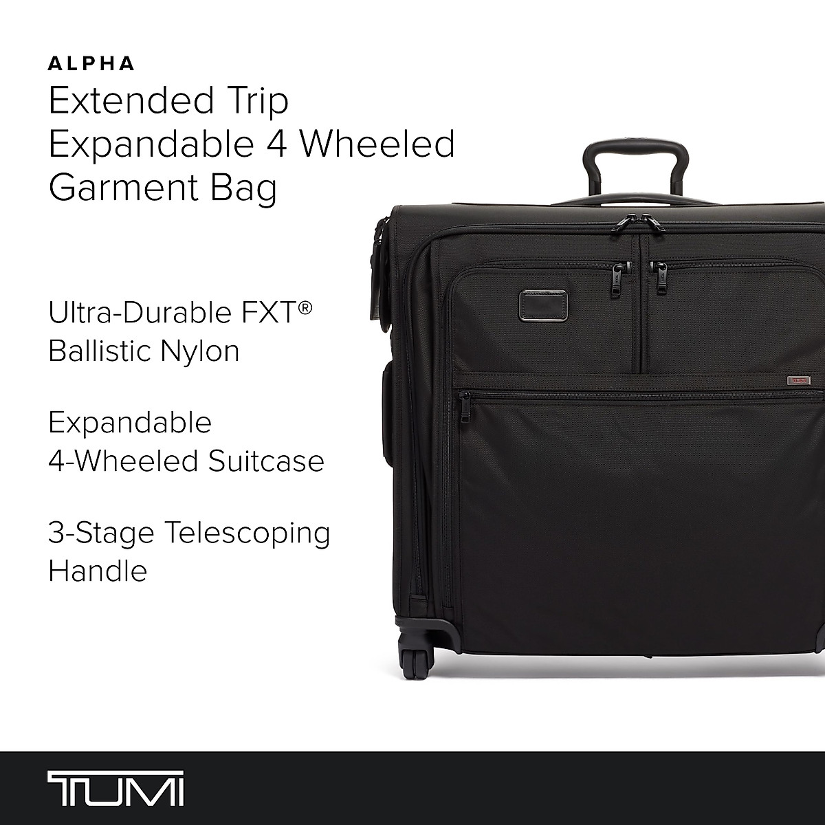 TUMI - Alpha Extended Trip 4-Wheeled Garment Bag with TSA Lock - Stores Suits, Coats, Dresses, and Shoes - Black