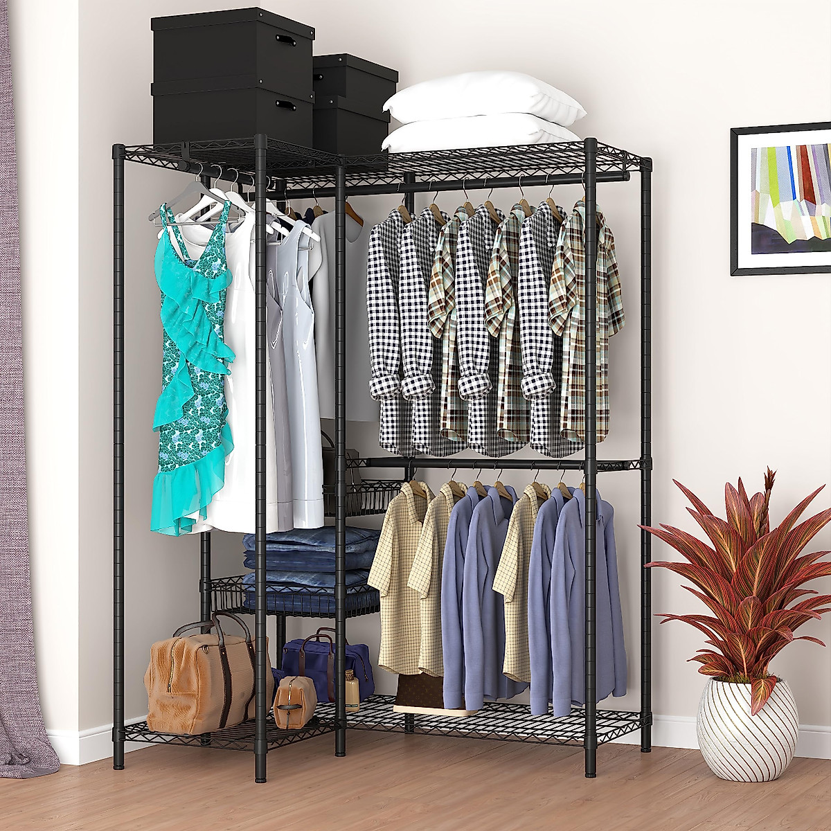 Xiofio Heavy Duty Clothes Rack,Multi-Functional Clothing Rack Freestanding Bedroom Garment Rack for Hanging Clothes,Adjustable Shelf and Fixed Baskets,55" L x 15.7" W x 75" H Max Load 800LBS,Black