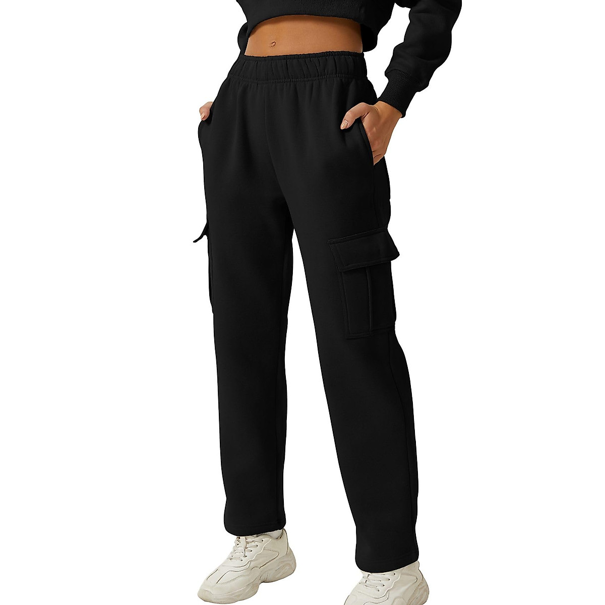 QINSEN Woman's Elastic Waist Long Pocket Pants Wide Leg Casual Fleece Sweatpants Black S