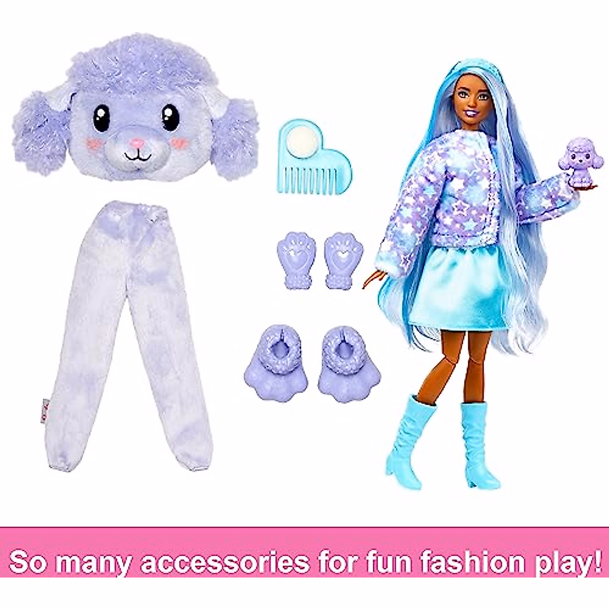 Barbie Cutie Reveal Doll with Purple Hair & Poodle Costume, 10 Suprises Include Accessories & Mini Pet (Styles May Vary)