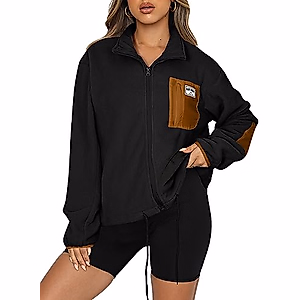 Dokotoo Fleece Jacket for Women Full Zip Up Pathes Windproof Drawstrings Running Long Sleeves Stand Collar Front Pockets Oversized Outdoor Sweatshirts,Black Small