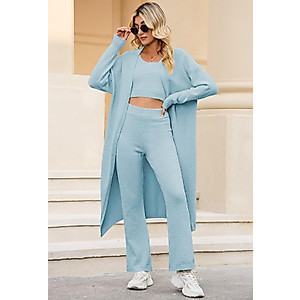 Fixmatti Women Lounge Set 3 Piece Fuzzy Fleece Crop Tops and Pants Open Front Cardigan Pajama Set Light Blue XL