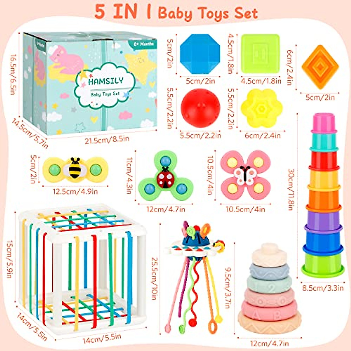 5 in 1 Montessori Toys for Babies 0-3-6-12-18 Months and Up: Infant Gifts Play Set Kids Sensory Learning Activity for Age 1 Year Old Boy Girl 4 7 8 9 Birthday Box Travel Bath Stacking Essentials Stuff