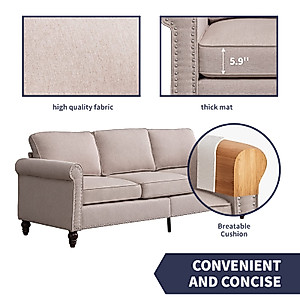 ZAFLY Sofa Couch, Beige 3 Seat Couches for Living Room, Mid Century Modern Couch with Solid Wood Frame and 4 Gourd Shapes Legs for Home/Office/Apartment