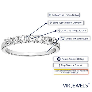 Vir Jewels 1/2 carat (ctw) Diamond Wedding Anniversary Band for Women, Round Diamond Engagement Ring 14K White Gold Prong Set 0.50 cttw, Size 6.5