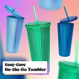 WEST & FIFTH Grid Plastic Cold-Cup Tumbler with Straw, Iridescent Semi-Transparent Square-Textured Cup, BPA-Free Double-Wall Cup for Iced Coffee, Cold Drinks, or Water, 24oz., Mint