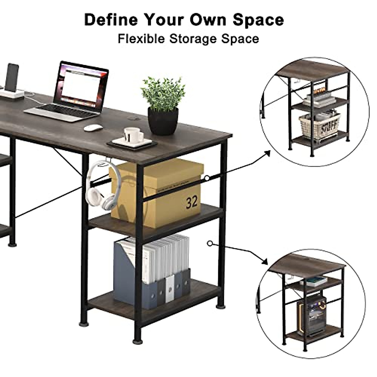 Tbfit L ShapedDesk with Storage Shelves,95.2 Inch Reversible Coner Desk Office Desk for Small Space,Large Computer Gaming Desk Workstation with Power Outlet,2 Person Long Writing Study Table(Gray) …