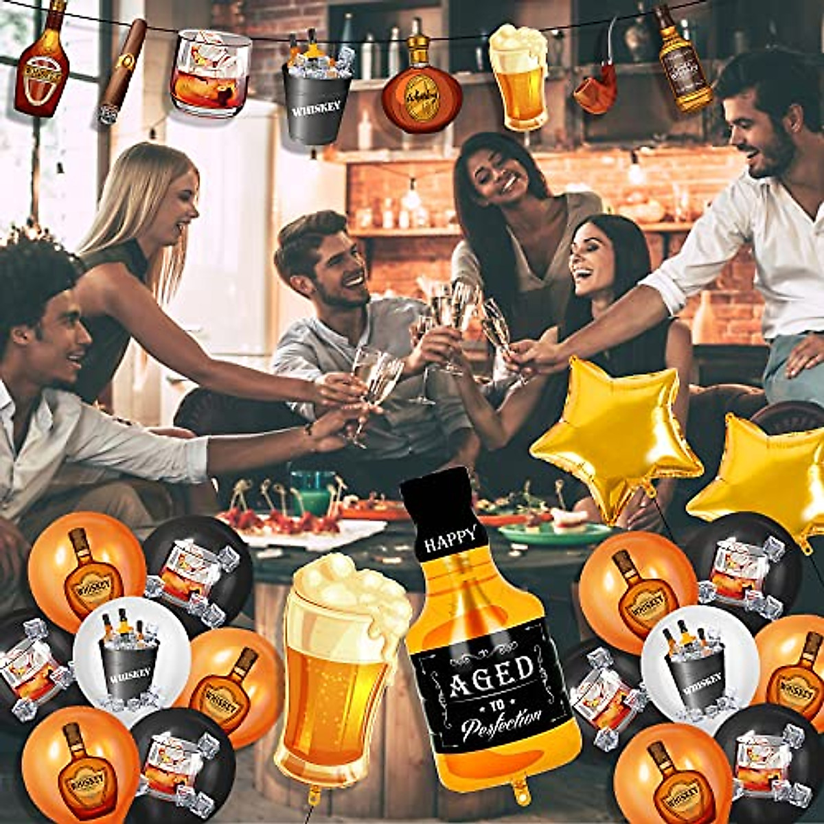 Whiskey Birthday Party Decorations 3 Pieces Whiskey Happy Birthday Banner and Whiskey Beer Banner for Black Gold Whiskey Themed Cheers Themed Whiskey Birthday Party Decoration