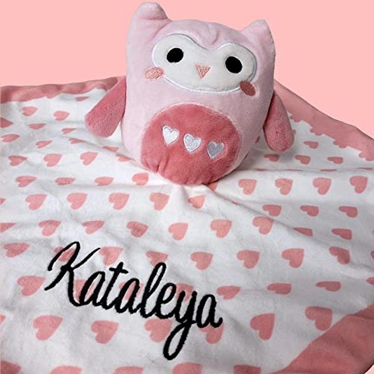 SONA G DESIGNS Baby Lovey Custom Personalized with Name Plush Security Blanket - Narwhale - Elephant - Owl for Infants Babies Toddlers Newborns (Pink Owl with Embroidered Name)