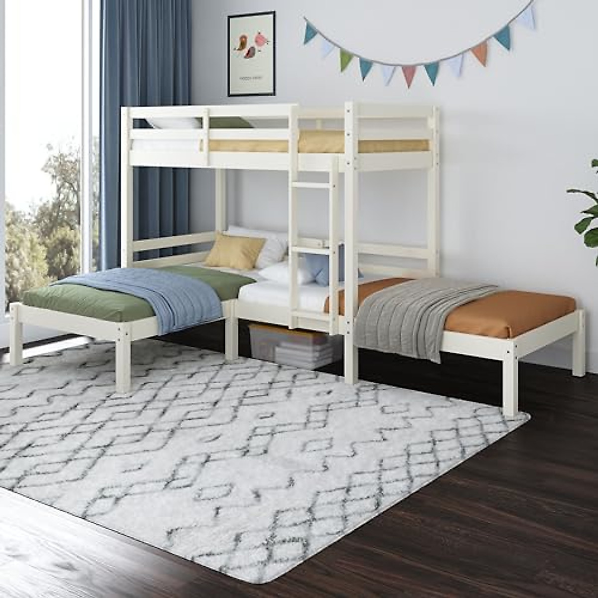 DHP Casey Kids' L-Shaped Corner Triple Bunk Bed, White