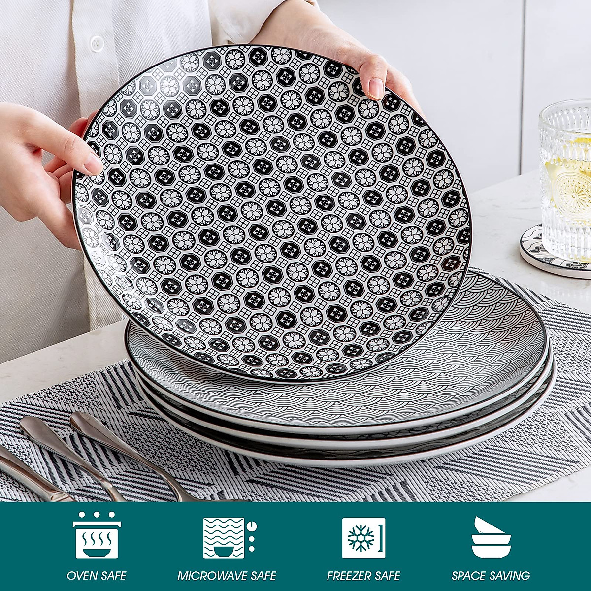 vancasso Haruka Ceramic Dinner Plates 10 Inch, Round Salad Plates Fit Steak Fruit Pasta Pancake, Microwave, Oven, Freezer and Dishwasher Safe, Set of 4, Japanese Plates Black and White