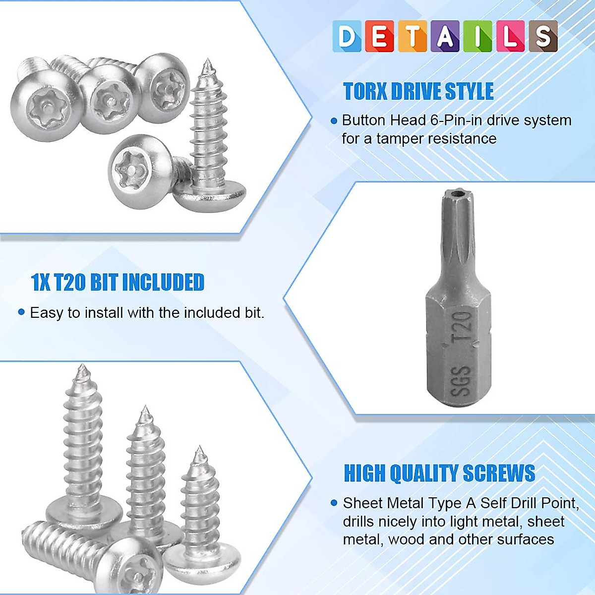 Glarks 51Pcs #8 x 1/2'' Button Head Torx Security Sheet Metal Screws Stainless Steel Tamper Resistant Screws Set with T20 Bit (50pcs #8 x 1/2'')