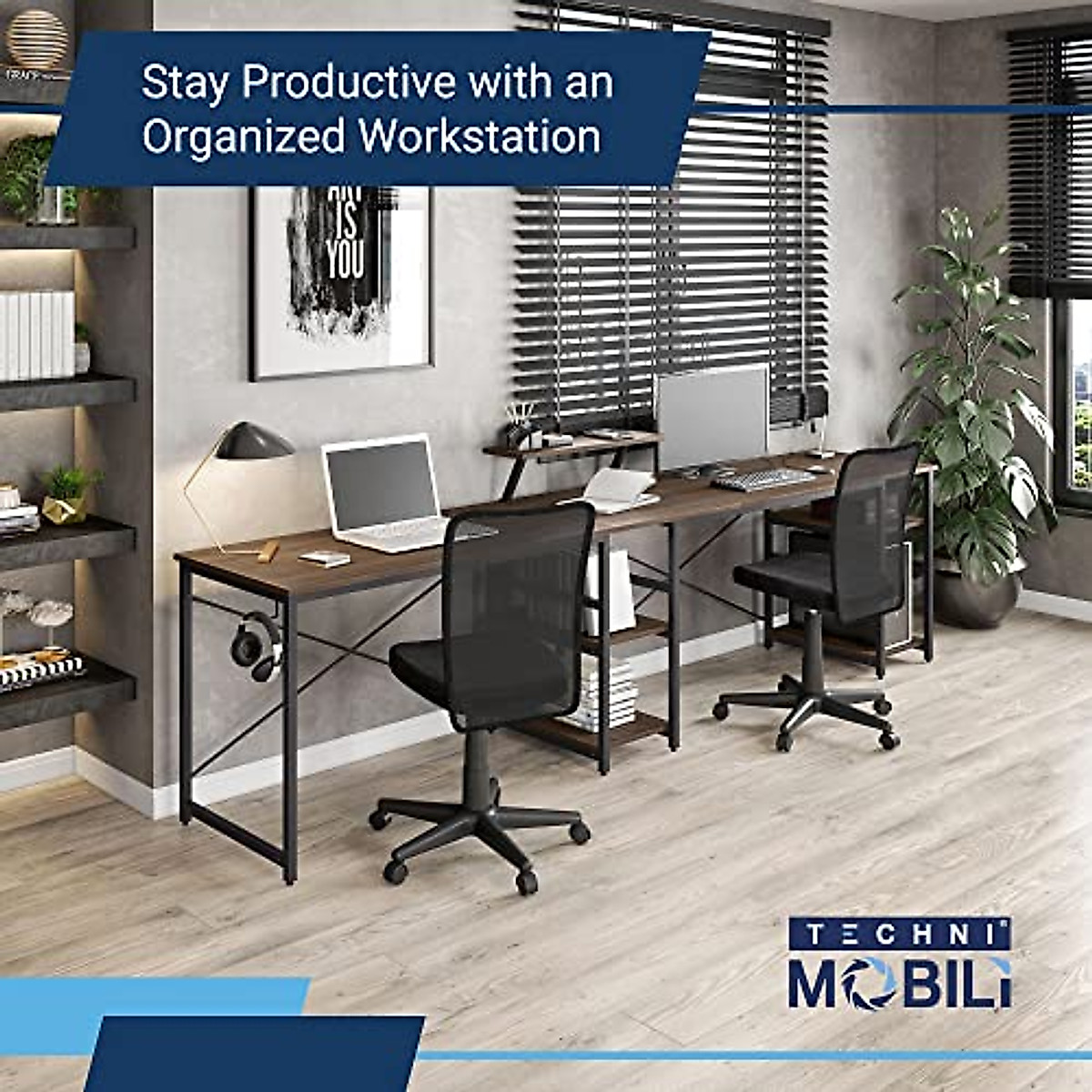 Techni Mobili Office Desk - Reversible L Shaped Desk with Storage Shelves, Monitor Stand & Accessory Holder - Ergonomic & Industrial Workstation Corner Table with Durable Steel Frame, Walnut
