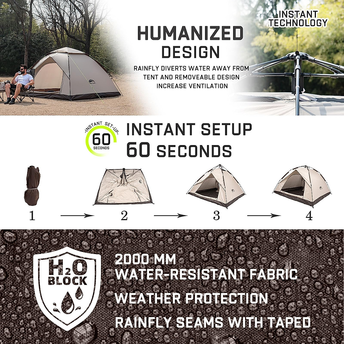 Happy Travel 1/2/3/4 Person Camping Tent, Instant Easy Pop Up Tents for Camping,Automatic Waterproof Family Camping Tent, Easy Set Up Tent,Portable Windproof Dome Tent for Camping Hiking & Traveling