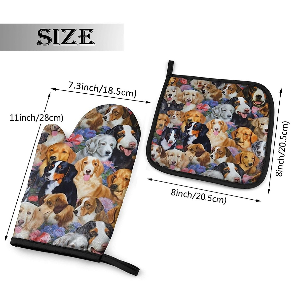 Dujiea Home Kitchen Oven Mitts and Potholders Set, Dogs Garden Puppies Heat Resistant Waterproof Non Slip BBQ Gloves Hot Pad Set for Baking Cooking Grilling