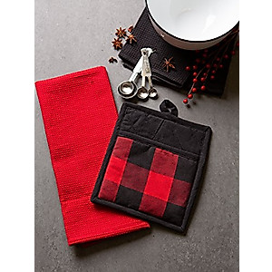 DII Buffalo Check Kitchen Collection, Classic Farmhouse Kitchen Set, Potholder & Dishtowel, Red & Black, 3 Piece