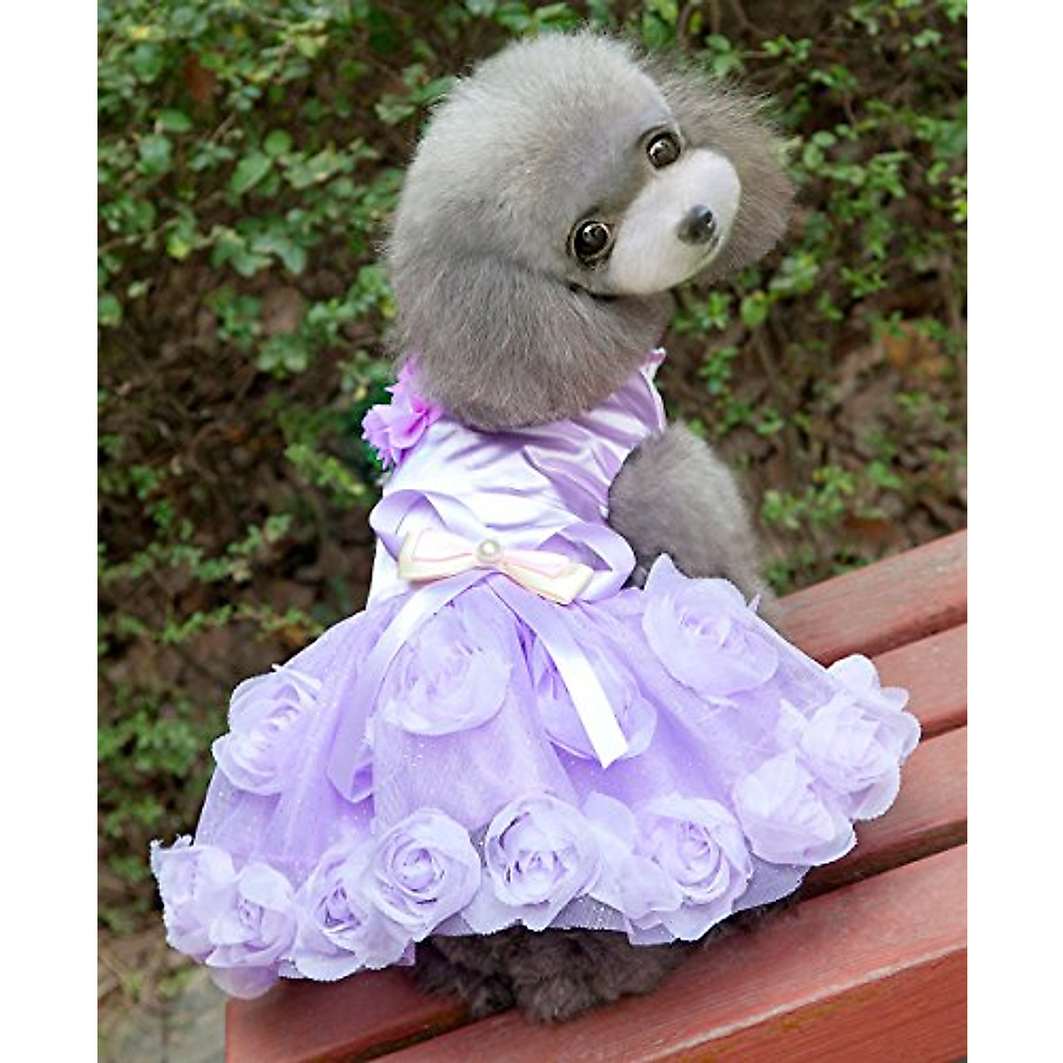 SMALLLEE_LUCKY_STORE Pet Small Dog Wedding Dress with Bowknot Birthday Party Costume Satin Rose Pearls Girl Formal Dress Cat Tutu Purple Violet XXL