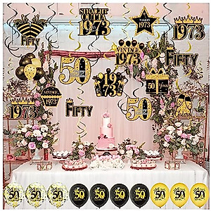 50th Birthday Decorations for Women and Men,50PCS Birthday Decorations Black Gold Party Supplies Hanging Swirls for Men Women, 50 Years Old Birthday Ceiling Hanging Decor with 10 Balloon (50th)