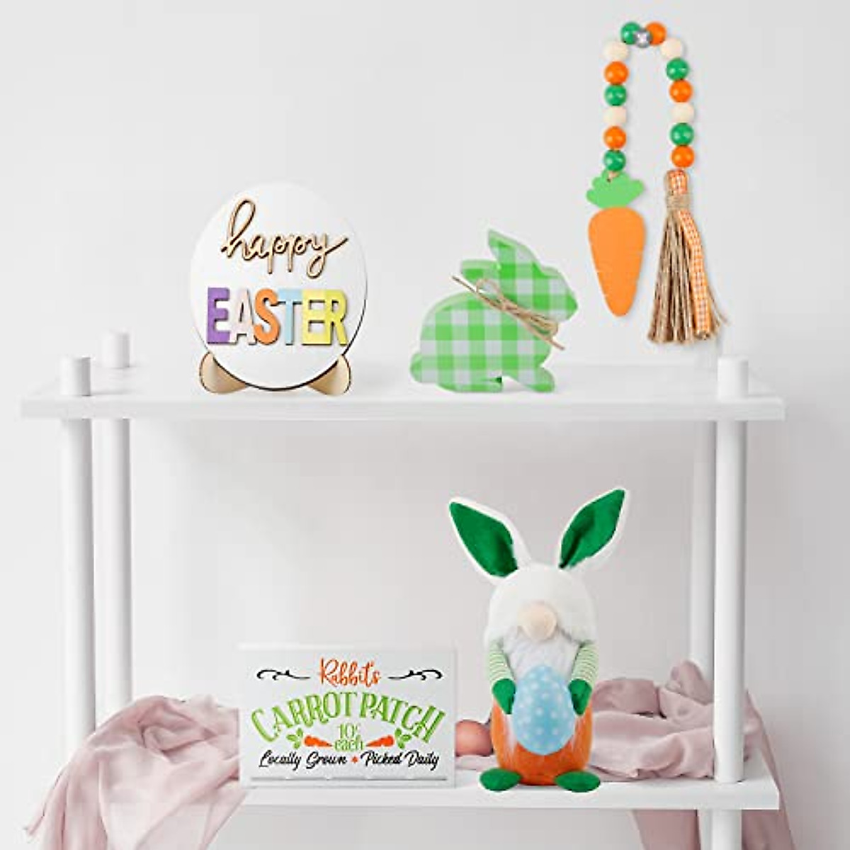 AKEROCK Easter Tiered Tray Decor, Easter Table Decorations Set with Plush Gnome Bunny & 3 Farmhouse Wooden Signs & Wooden Bead Garland for Home Decor (Tray not Included)