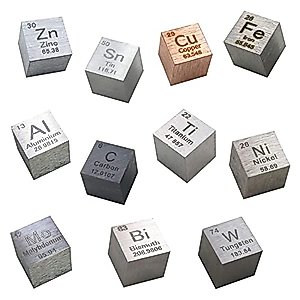 0.39" Element Cube - Set of 11 Metal Density Cubest Include Zinc Tin Copper Iron Aluminum Carbon Titanium Nickel Molybdenum Bismuth Tungsten for Labs and Collections