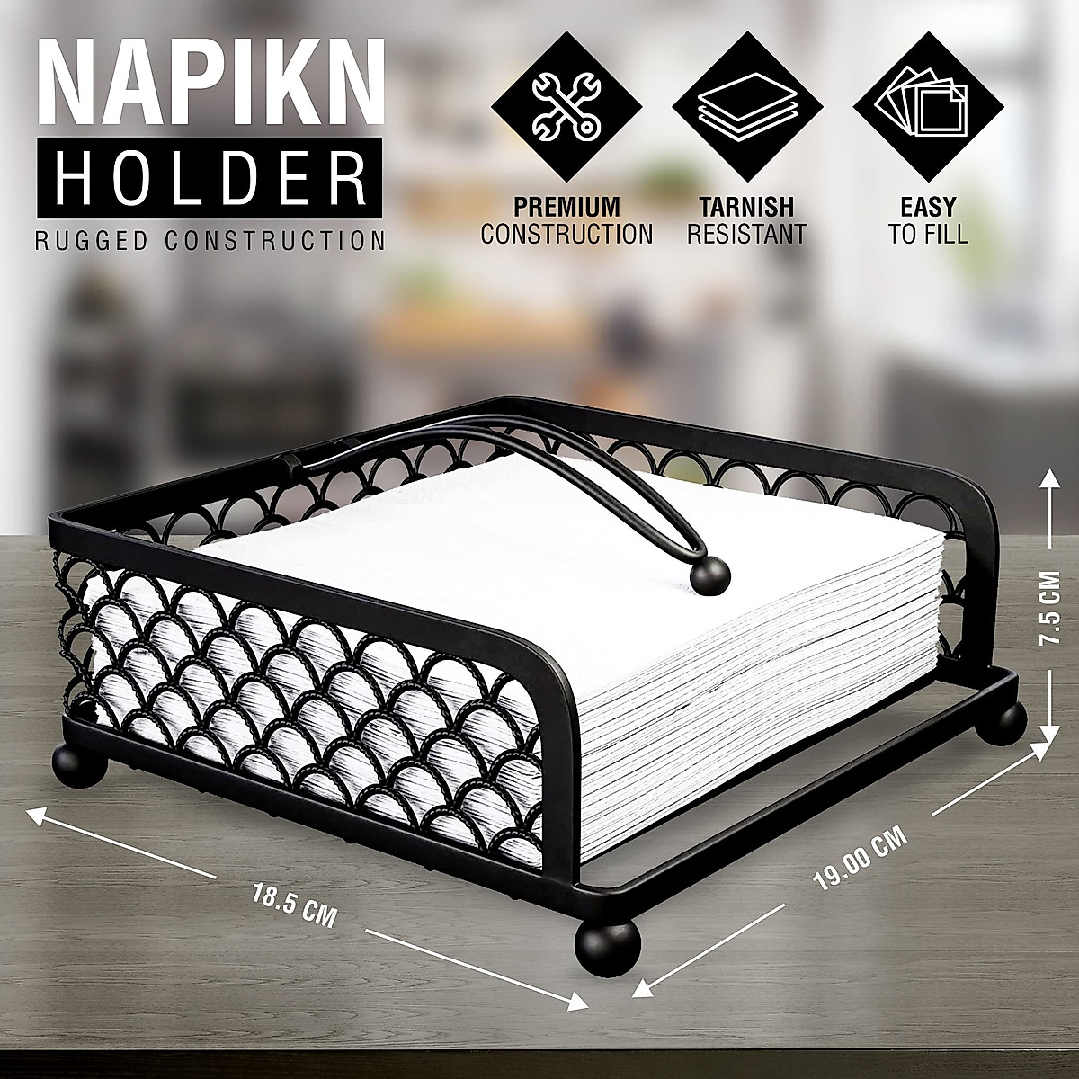 JME Fashion Napkin Holder, Square Black Flat Holders for Table, Dining Table, Kitchen Counter, Desktop. Black Kitchen & Dining Accessories, Napkin Dispenser with Flat Iron Holder, Indoor & Outdoor