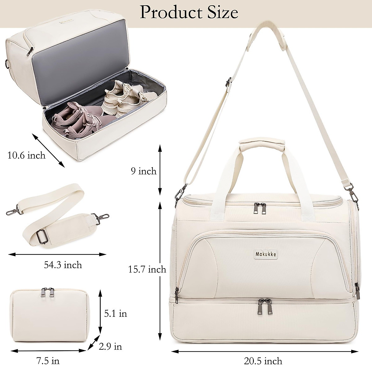 Makukke Weekender Overnight Bag for Women, Large Travel Carry on Duffle Bag with Shoe Compartment & Toiletry Bag, Sports Tote Gym Bag, Beige Weekender Bag