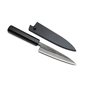 Yoshihiro Kurouchi Black-Forged Blue Steel Stainless Clad Petty Utility Knife Ebony Handle (5.3'' (135mm) & Saya)