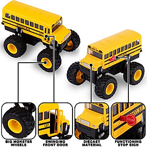 ArtCreativity 5 Inch Pull Back School Bus Toy Set - Set of 2 - Includes 5 Inch Monster-Wheel Bus, Diecast Bus Playset with Pull Back Mechanism, Great Gift Idea for Kids