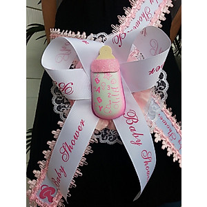 Welcome Baby Shower Mom To Be It's a Girl Sash Pink Bottle Ribbon and Corsage