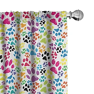 Ambesonne Dog Window Curtains, Colorful Little Paws Steps Art Cartoon Unusual Traces Design, Lightweight Decor 2-Panel Set with Rod Pocket, Pair of - 28" x 84", Purple Blue