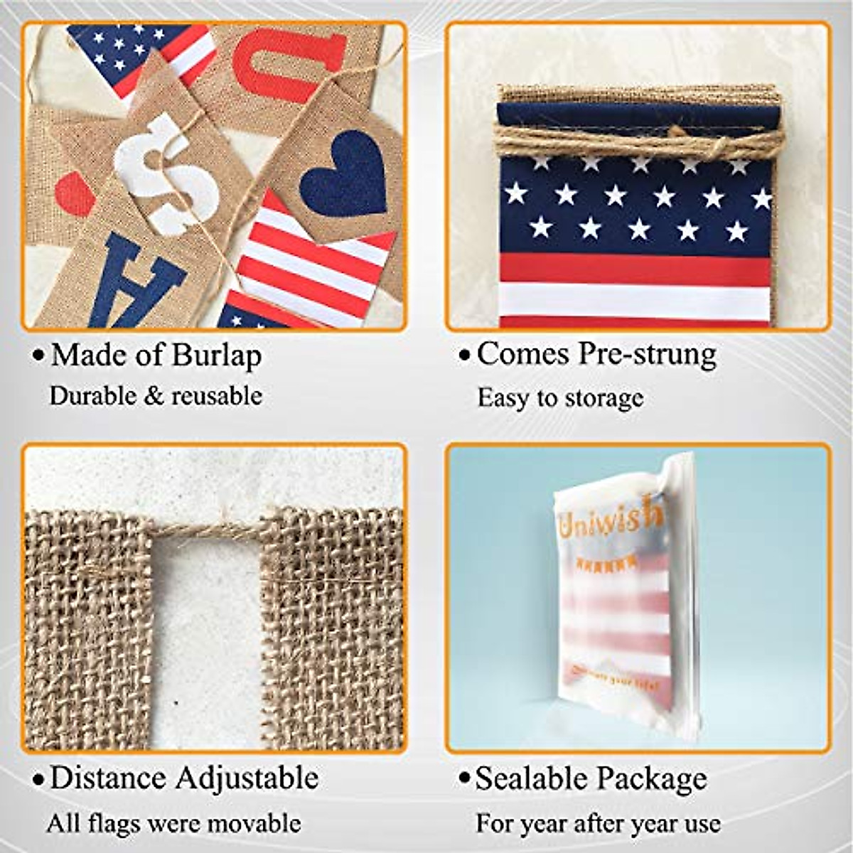Uniwish USA Banner Burlap Bunting 4th of July Decorations American Independence Day Celebration Red White and Blue Theme Party Supplies