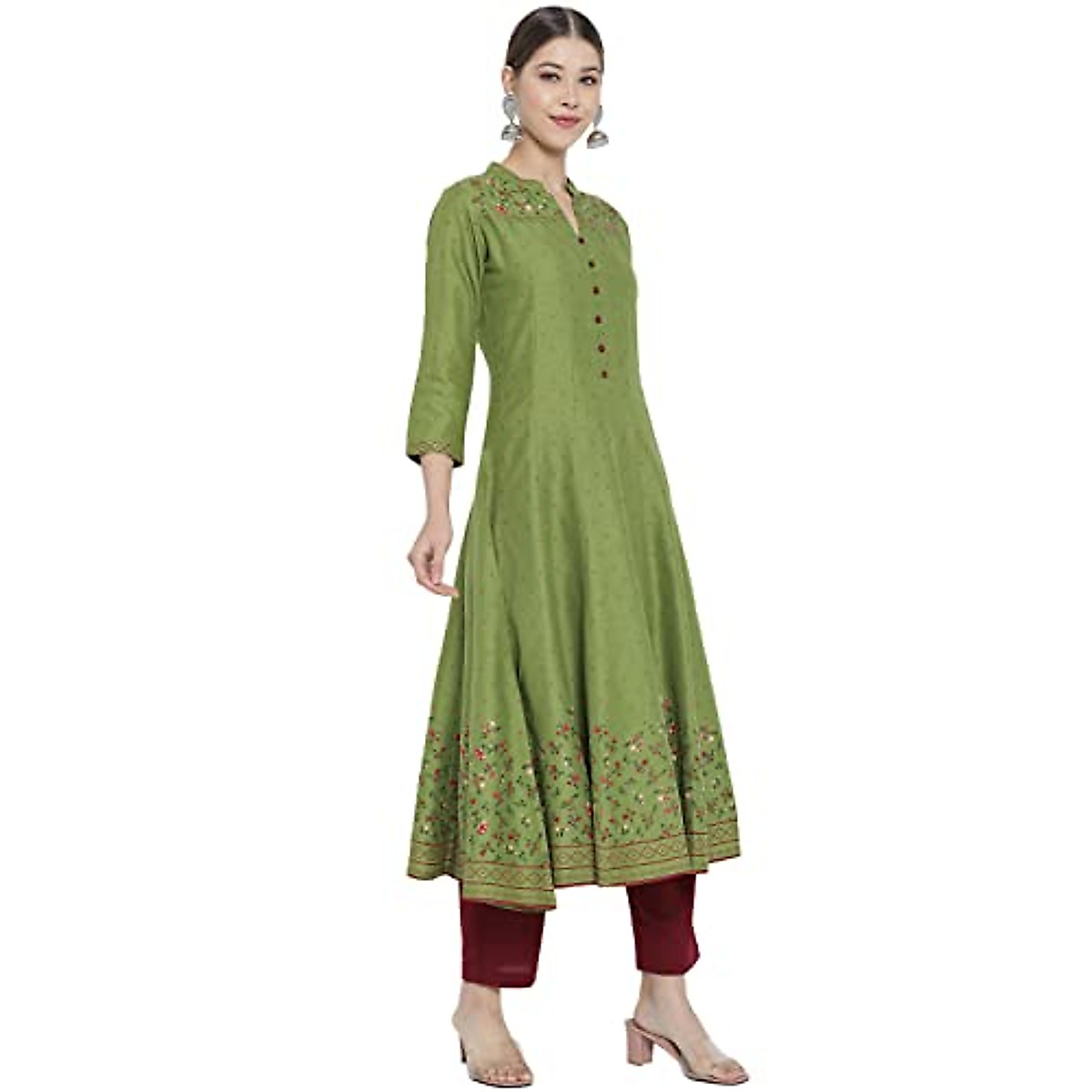 Yash Gallery Women's Rayon Floral Print Anarkali Kurta (Green)