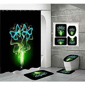 NC 4Pcs Butterfly Shower Curtain Sets with Non-Slip Rugs,Toilet Lid Cover and Bath Mats Bathroom Accessories Sets Complete Green Bathroom Sets with 12 Hooks,Waterproof Shower Curtain for Bathroom