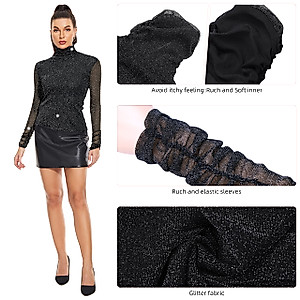 Anbenser Women's Turtleneck Top Long Sleeve Slim Fit Shirts Mesh Sheer See Through Casual Blouse (Glitter Black,Small)
