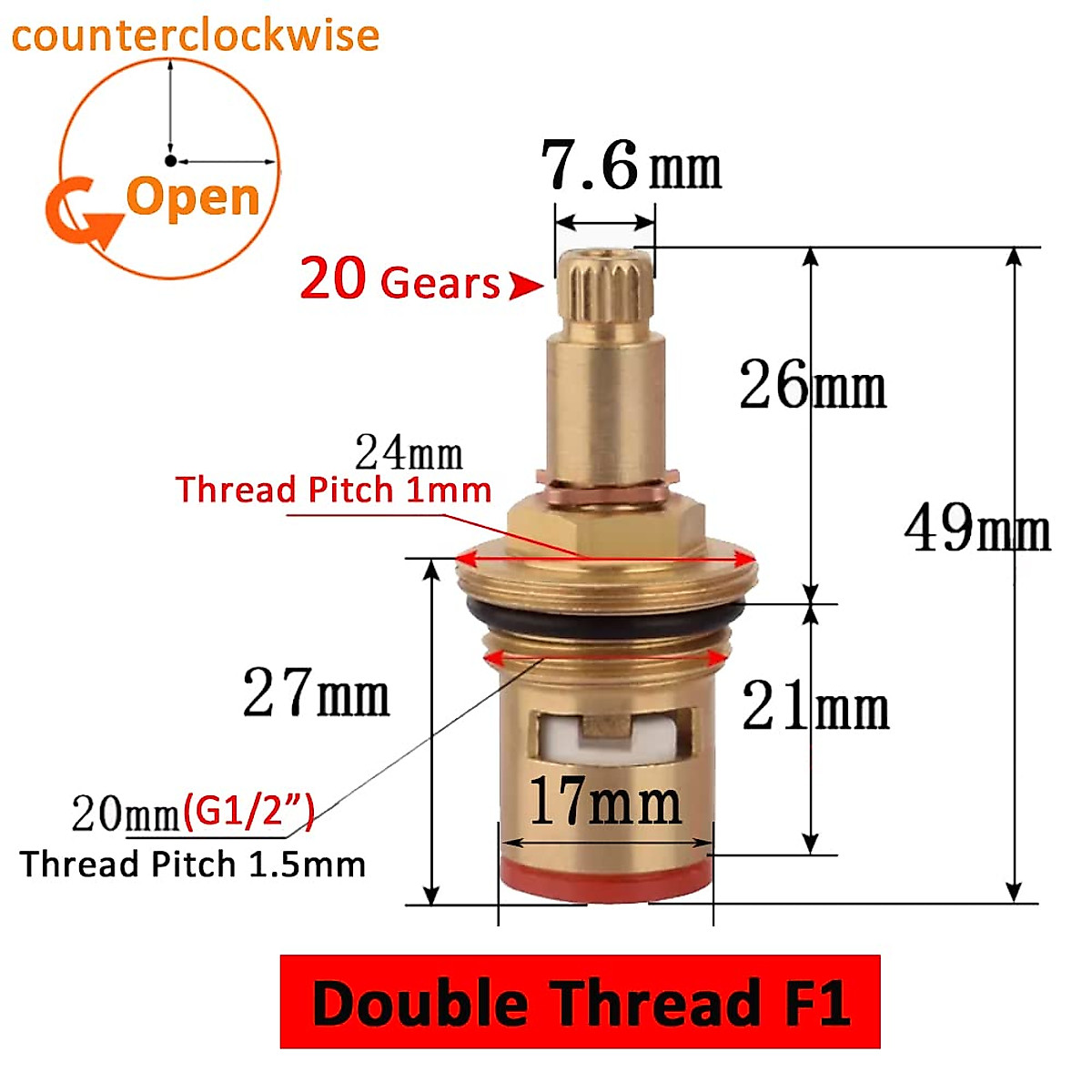 Faucet Ceramic Cartridge Valve, G1/2" Brass Tap Ceramic Disc Cartridges Replacement for Hot Cold Water (Type F1- H49mm)