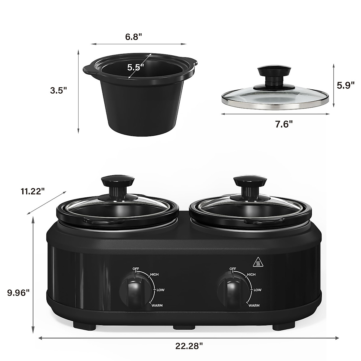 Double Slow Cooker Buffet Server and Warmers, Small Slow Cooker with 3 Individual Adjustable Temp, Dishwasher Safe Dual Ceramic Pots, Total 2.5 Quarts, Black