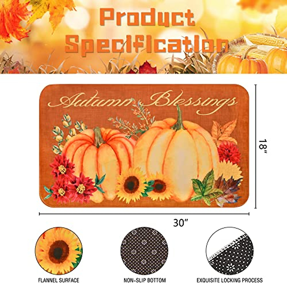 VERTKREA Pumpkin Sunflower Doormat, Autumn Floor Mat 18 × 30 Inches Happy Thanksgiving Mat Indoor for Living Room Bedroom Kitchen Orange