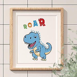 Dream Big Dinosaur Wall Art Inspirational Dinosaur Wall Decor for Classroom Nursery Bedroom, Dinosaur Art Prints Set of 6 (8”X10”), Dinosaur Bathroom Decorations for Bedroom Home Living Room, Unframed