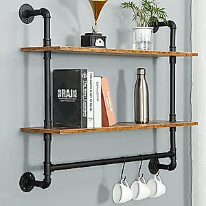 MAIKAILUN Industrial Pipe Shelving, Iron Pipe Shelves Bathroom Shelves with Towel bar, Rustic Metal Pipe Floating Shelves, Pipe Shelf Wall Mounted with Hooks for Coffee Bar Kitchen(24" 2 Tiers)