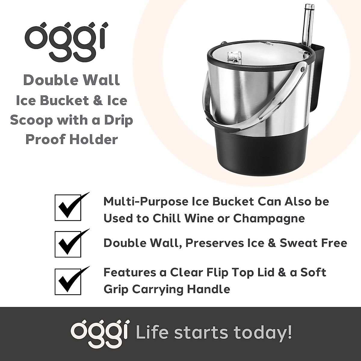 Oggi Insulated Ice Bucket, 4 Quart / 3.8 L, Stainless Steel, Black