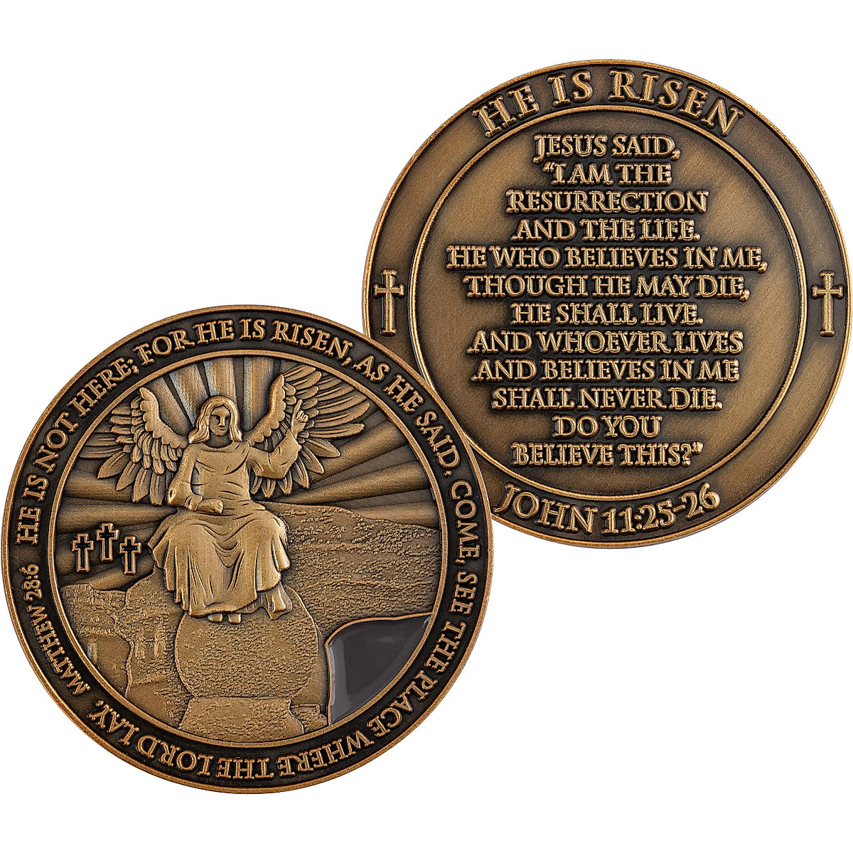 Easter Resurrection Coin, He is Risen, Bulk Pack of 3, Handout for Church Service, Christ is Alive & Empty Tomb, Jesus Son of God Challenge Coin, Religious Antique Gold-Color Plated Prayer Token Gift