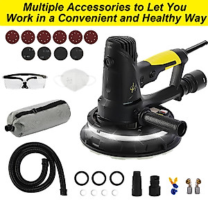 CUBEWAY Drywall Sander, Handheld Electric Drywall Sander with Vacuum Attachment and Variable Speed, Sheetrock Sander Machine with LED Light 10pcs Sanding Discs and 26FT Power Cord