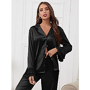 Verdusa Women's Satin Notch Collar Blouse and Ruffle Hem Pants PJ Set Black M