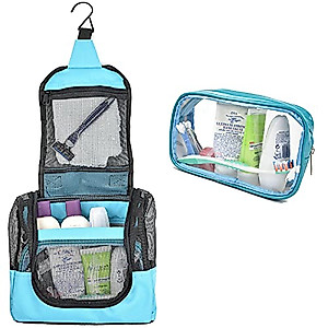The Fine Living Co. Portable Hanging Shower Caddy Organizer Bag (Free Toiletries Case+Metal Hook) Quick Dry Mesh Shower Caddy Tote Bag Pouch For Bathroom College Dorm Camp Gym Camping 10”x4”x9”(Aqua)