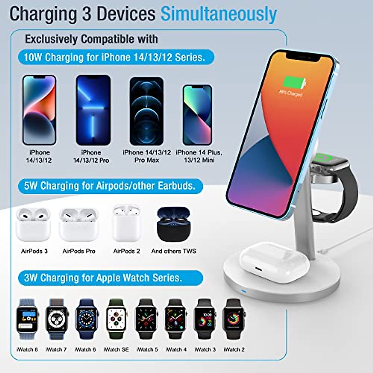 3-in-1 Magnetic Wireless Charger Stand, 18W Aluminum Alloy MagSafe Charging Station for iPhone 14 Pro/14 Pro Max /14/13/12 Series, AirPods 3/Pro/2, iWatch 8/7/ 6/SE/5/4/3/2 (with QC 3.0 Adapter)