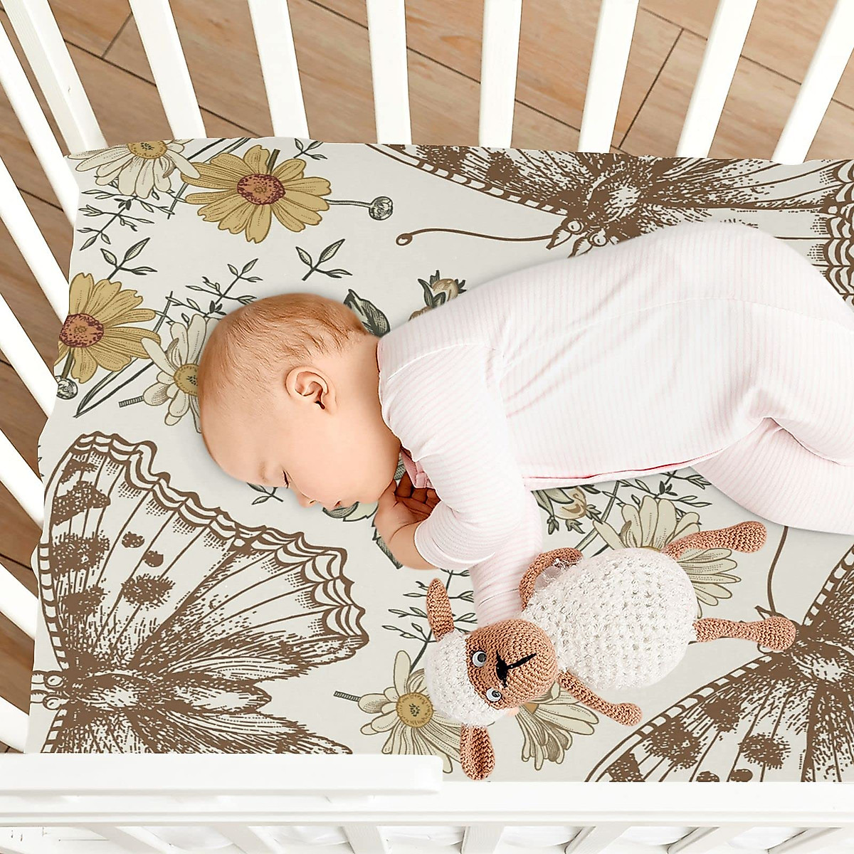 Kigai Fitted Crib Sheet for Boys Girls Jersey Knit Baby Crib Sheet Vintage Butterfly Crib Sheets for Standard Crib and Toddler Bed Mattresses, Cozy Soft Breathable, 28 x 52 inch