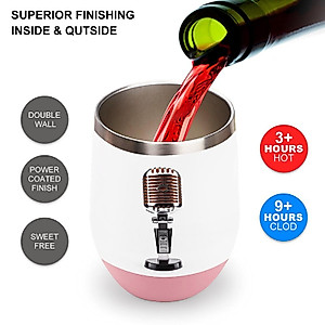 Vintage Microphone Printed Thermos Cup Stainless Steel Travel Mugs Stemless Double Wall Insulated Coffee Cup Insulated Wine Glasses Travel Tumbler for Cold & Hot Drinks