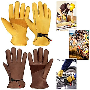 SquEqu 2 Pairs Gardening Gloves Cowhide Leather Work Gloves Tough Working Glove for Men Women Weeding Digging Planting Welding Worker Safety Protection Sports Driver (M)