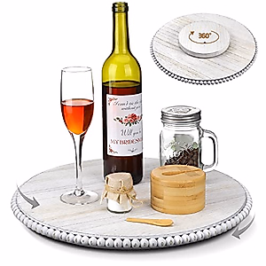 16" Beaded Lazy Susan Wooden Kitchen Turntable 360 Degrees Rotating Table Spinner Tray Round Kitchen Organizer Farmhouse Lazy Susan for Table Cabinet Spice Pantry Counter Storage Organization (White)